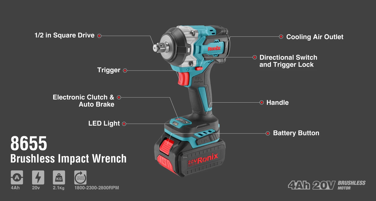 Ronix 8655, 20V Brushless Impact Wrench | 🧰 Ronix Tools