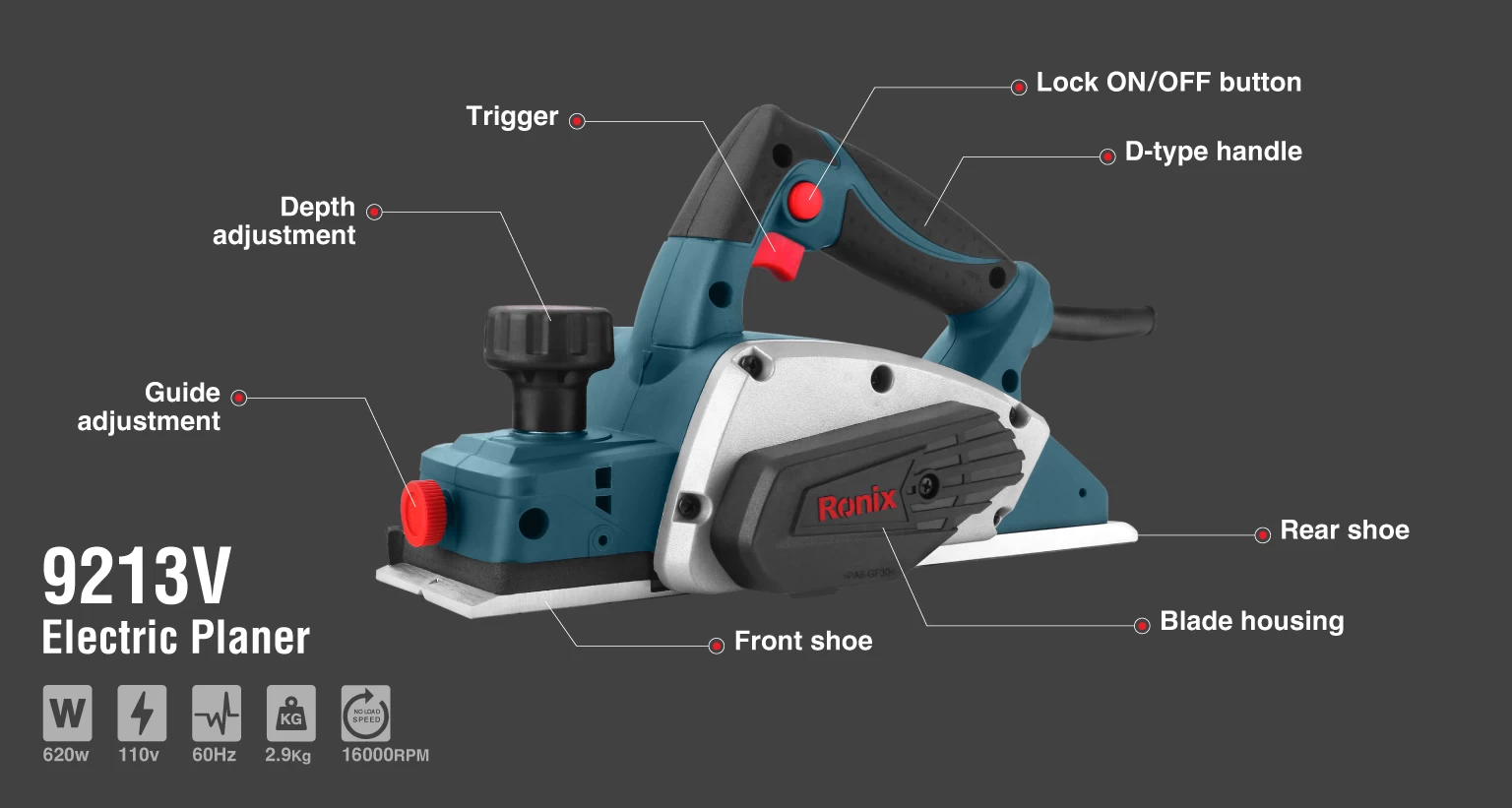 Electric Planer, 620W, 110V | 🧰 Ronix Tools