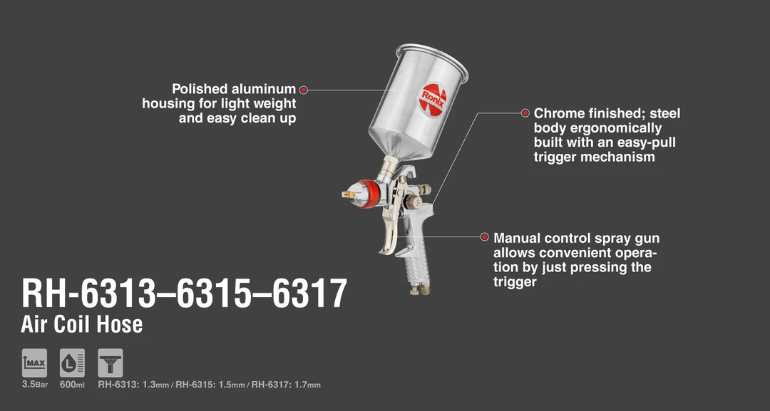HVLP Air Spray Gun, 2-3.5Bar, 1.3mm Nozzle, Chrome Finished - RH-6313 ...